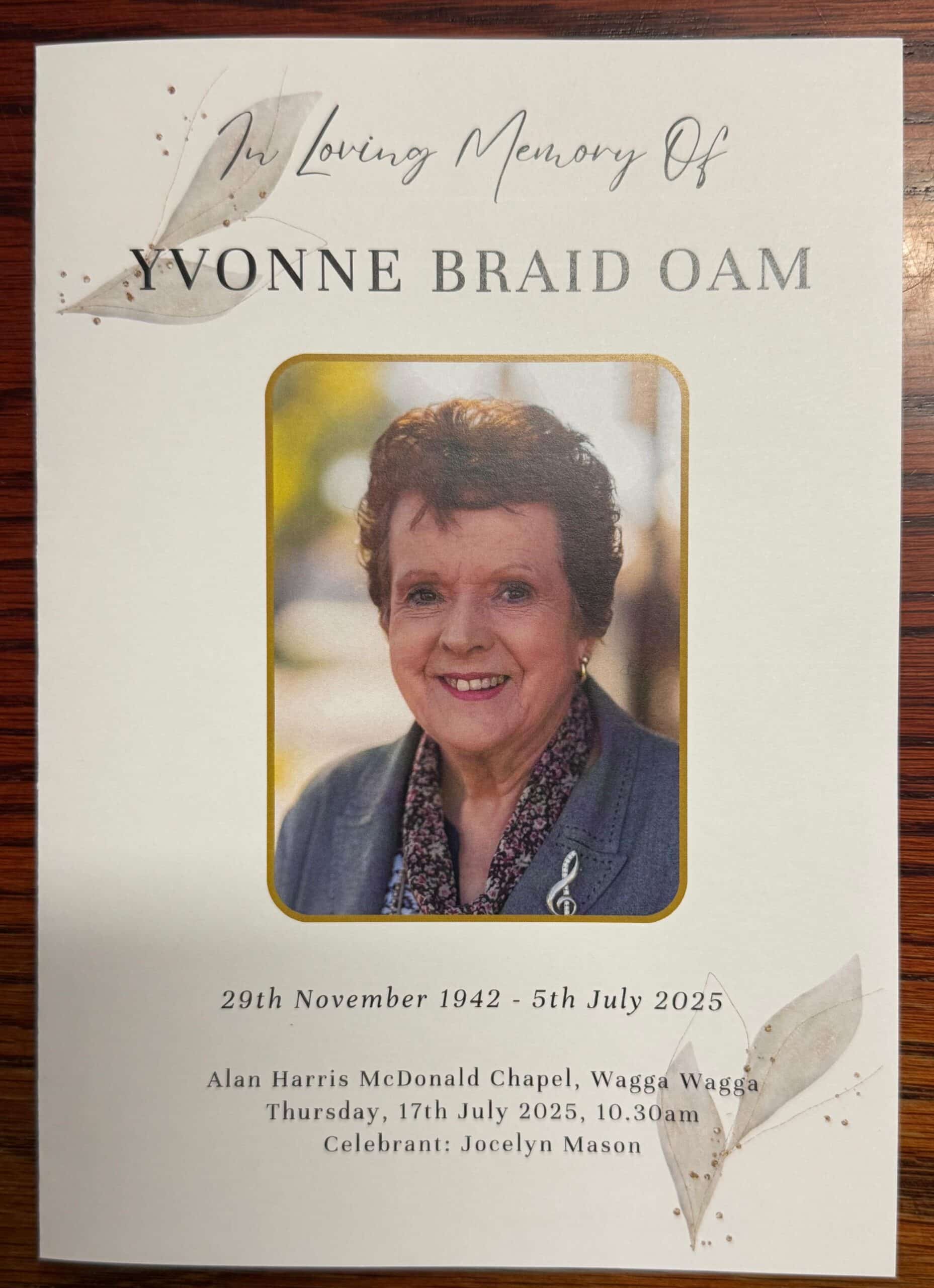 Eulogy for Yvonne Braid OAM - Michael McCormack MP